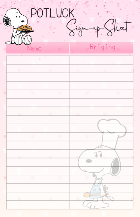 Plantilla de Potluck Sign Up Sheet Snoopy | PosterMyWall