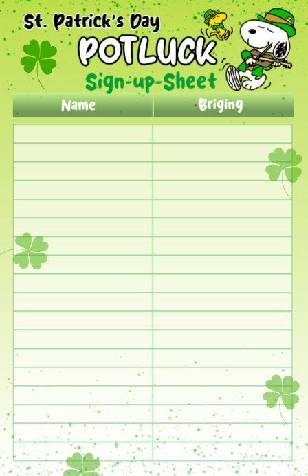 Copy of Potluck Sign Up Sheet Snoopy St. Patrick's Day | PosterMyWall