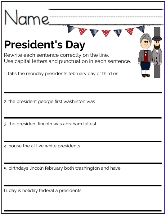 Copy of President's Day sentence re-write worksheet | PosterMyWall