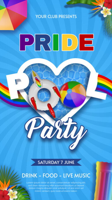 Pride Pool Party Instagram Story with infalatables and tropical leaves ...