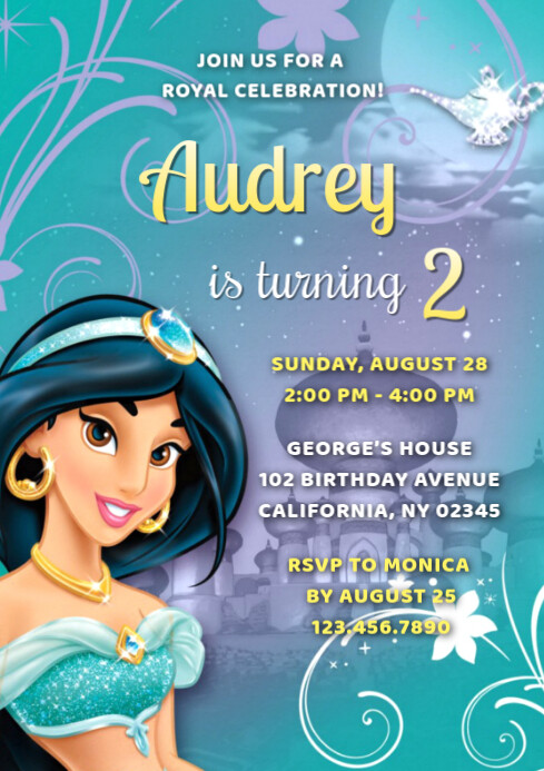 Princess Jasmine Girl Birthday Invitations Aladdin Template | PosterMyWall