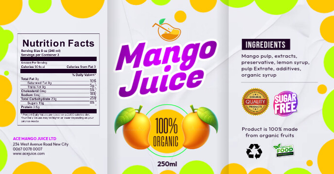 Printable and Editable Mango juice product nutrition sticker label ...
