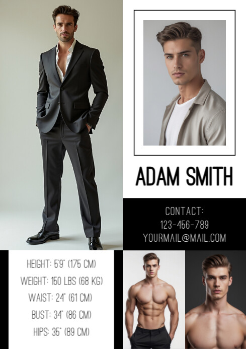 Copy of Printable Male Model Comp Card Template Design- Free Download ...