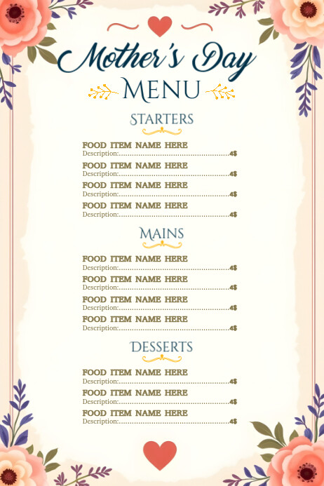 Printable Mothers Day Menu Card Template | PosterMyWall