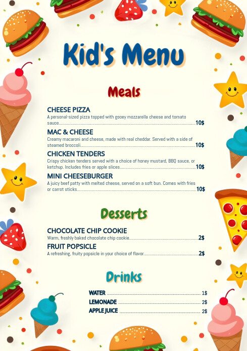 Printable Restaurant Kid's Menu Template Design- Free Download ...