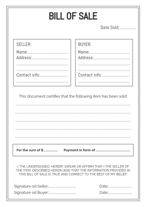 Printable Simple Bill of Sale Template | PosterMyWall