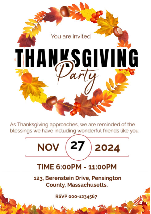 Printable Thanksgiving party invitation flyer Template | PosterMyWall