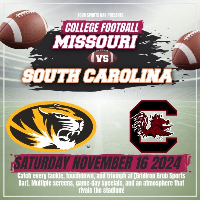 Professional College Football Flyer. Missouri Vs South Carolina ...