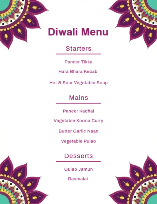 Professional Diwali Menu Flyer (us Letter) Template | PosterMyWall