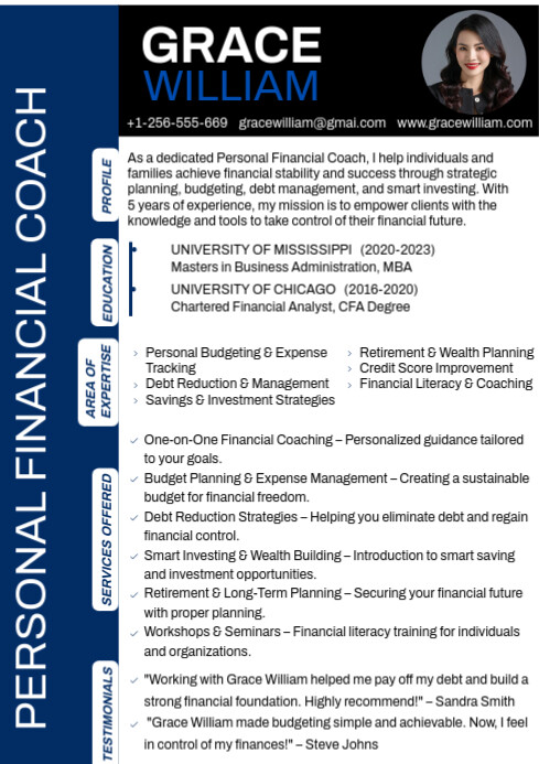 Professional Financial Coach Portfolio Template | PosterMyWall