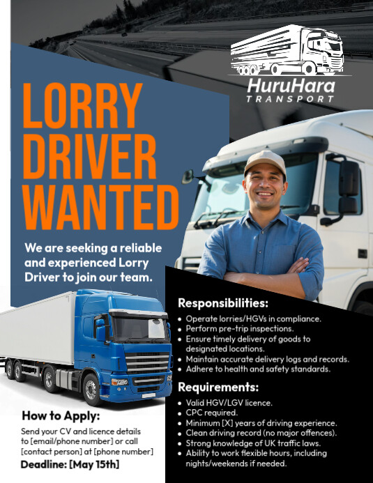 Professional Lorry Driver Wanted Flyer (us Letter) Template | PosterMyWall