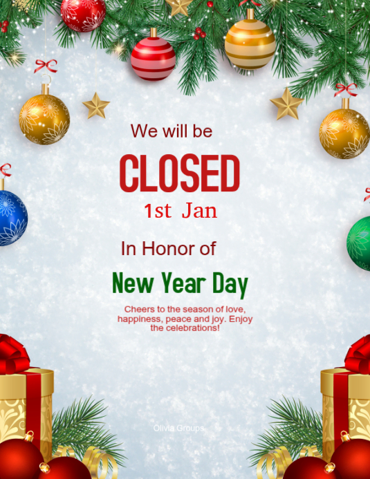 Professional New Year Day Closure Flyer (us Letter) Template | PosterMyWall