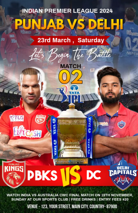 Plantilla de Pbks Vs DC ipl match Poster Template | PosterMyWall