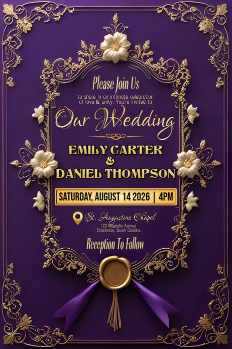 Plantilla de Purple & Gold Luxury Wedding Invitation Poster | PosterMyWall