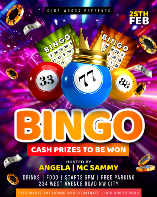 Purple 3d Bingo Cards Game Night Bash Casino Gambling Nightclub Event ...