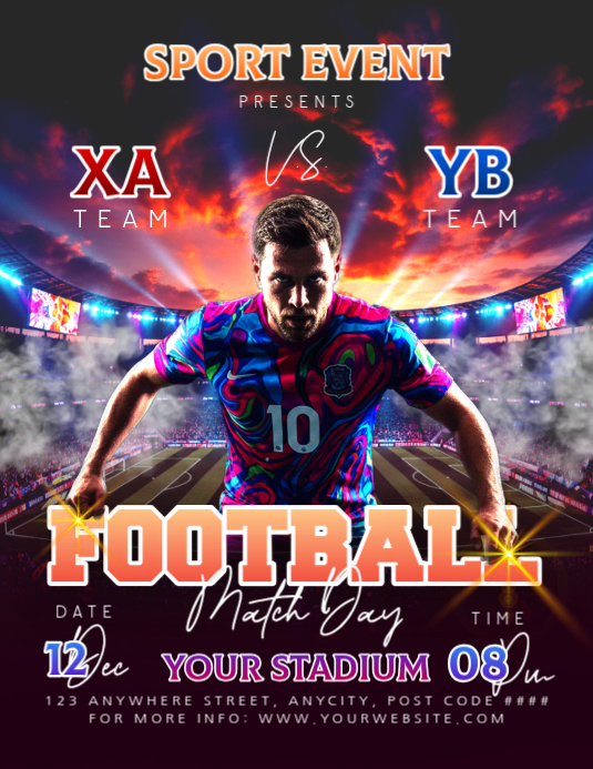 Plantilla de Purple 3d Football Soccer Match Day Poster Template Flyer ...