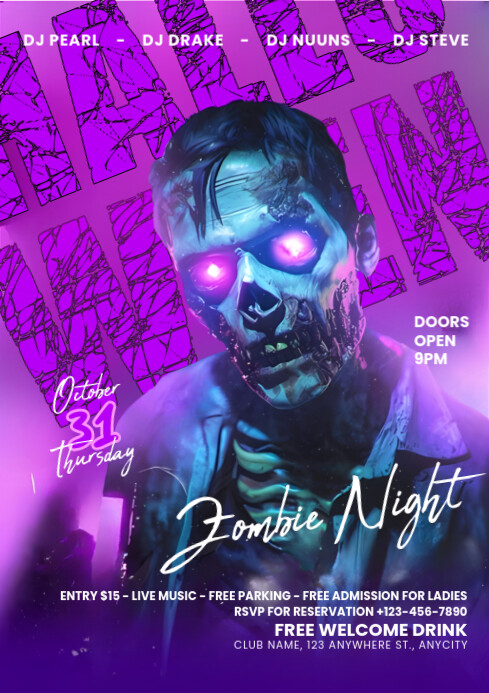 Purple 3d Halloween Zombie Night Party A4 Template | PosterMyWall