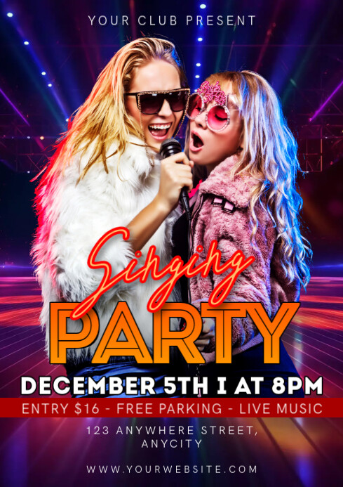 Plantilla de Purple 3d Singing Party A4 | PosterMyWall