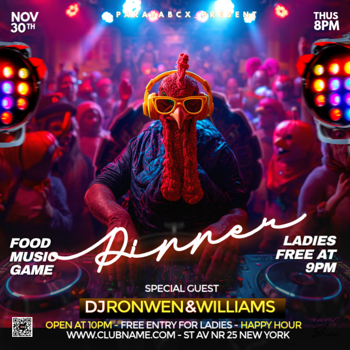 Plantilla de Purple 3d Thanksgiving Dj Party – Cool Turkey With ...