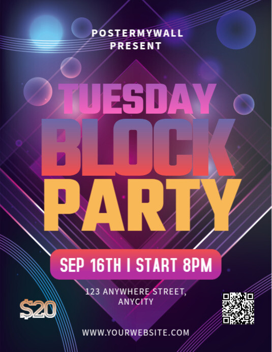 Purple 3d Tuesday Block Party Pamflet (letter As) Template | PosterMyWall