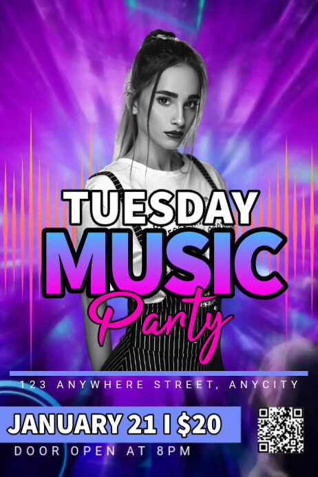 Purple 3d Tuesday Music Party Poster Template | PosterMyWall