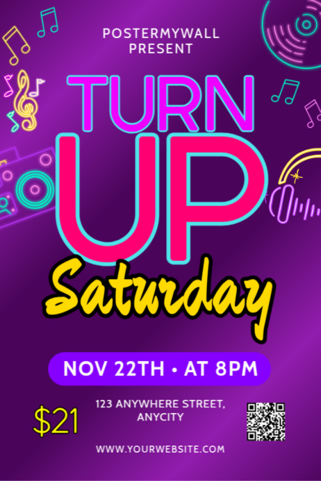 Purple 3d Turn Up Saturday Poster Template | PosterMyWall