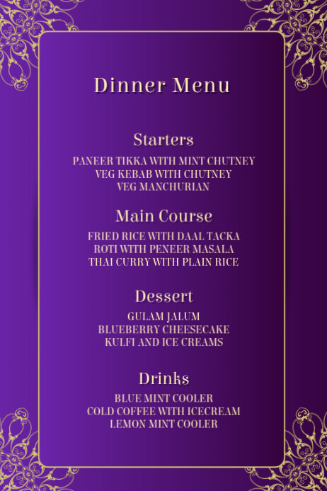 Purple and Gold Modern & Minimal Traditional Purple Dinner Menu Poster ...