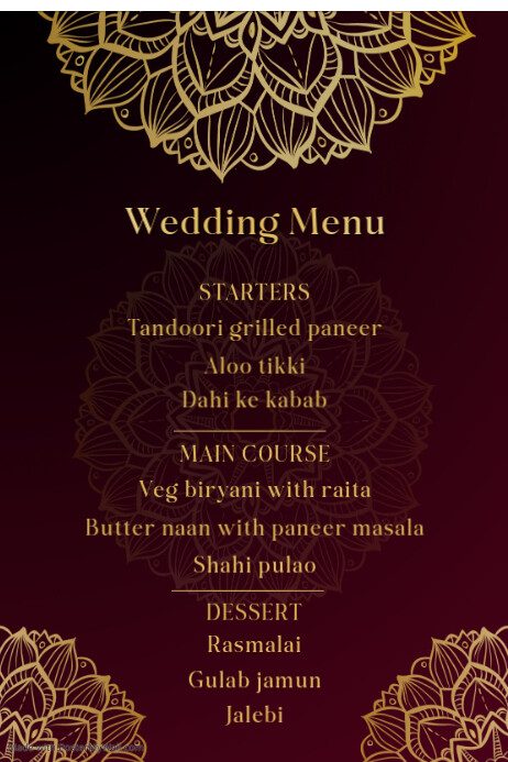Red-wine and Gold Traditional Indian Wedding Menu เทมเพลต | PosterMyWall