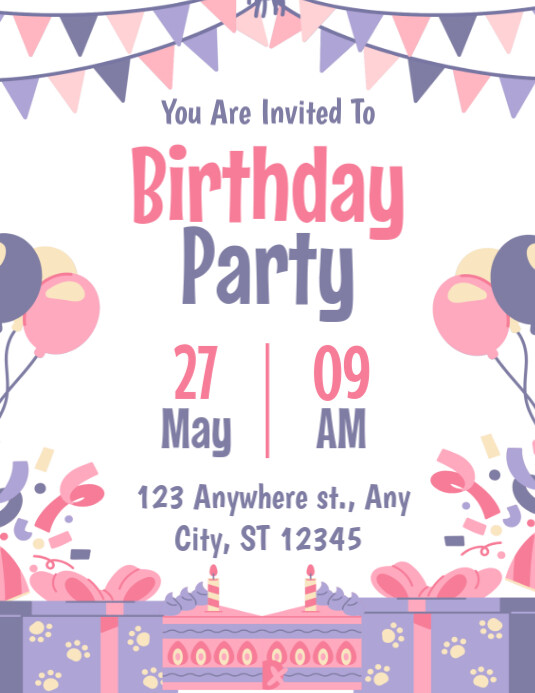 Purple and Pink Illustration Birthday Party Pamplet Template | PosterMyWall