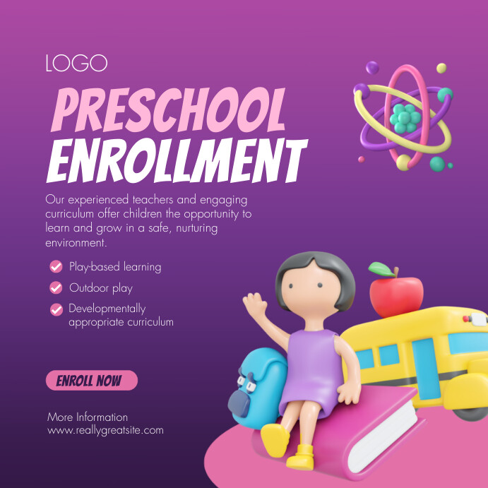 Purple and Pink Modern Preschool Enrollment I Template | PosterMyWall