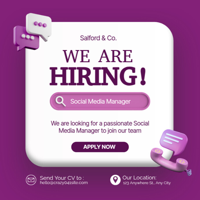 Purple And White Festive Modern We Are Hiring Social Media Manager ...