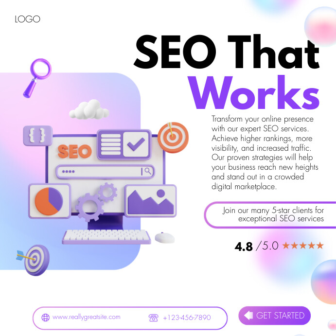 Plantilla de Purple And White Illustrative 3d SEO Services | PosterMyWall