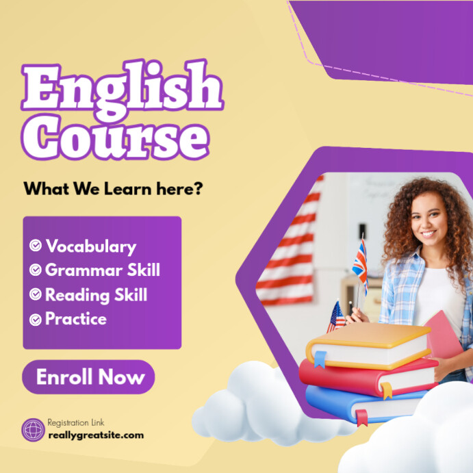 Copy of Purple and Yellow Modern Playful English Course Instagram Post ...