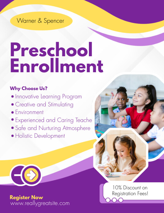 Purple and Yellow Modern Preschool Enrollment Template | PosterMyWall