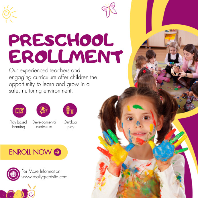 Plantilla de Purple and Yellow Modern Preschool Enrollment | PosterMyWall