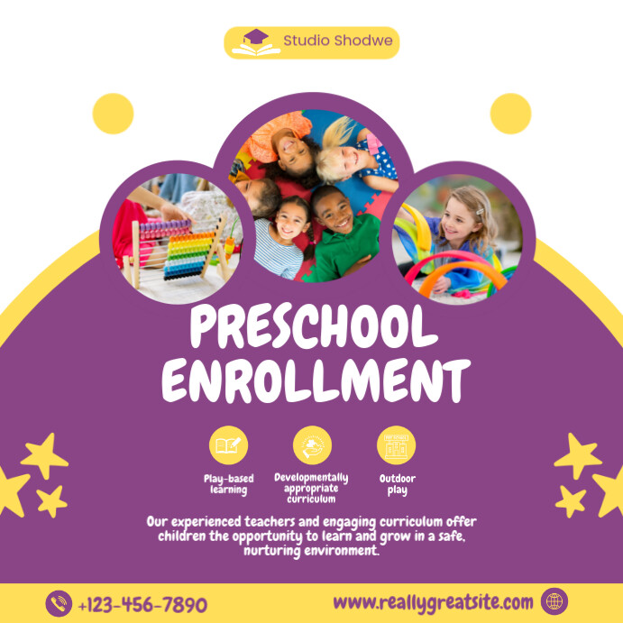Purple and Yellow Playful Preschool Enrollment Flyer Modelo | PosterMyWall