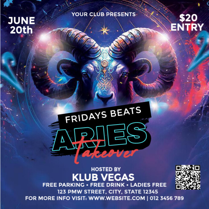 Purple Aries Season Club Party Flyer – Astrology Night Club Event ...