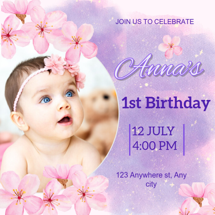 Purple Baby's 1st Birthday Party Instagram Post Template | PosterMyWall