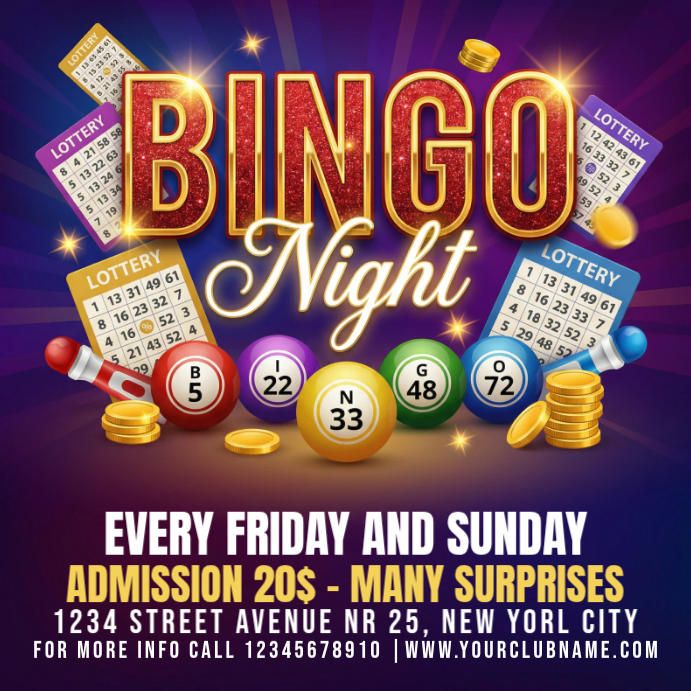 Purple Bingo Night Square Template | PosterMyWall