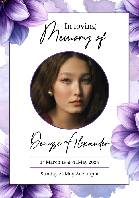 Purple floral background funeral card templat Template | PosterMyWall