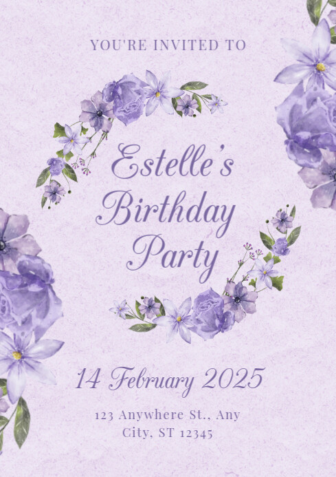 Purple Floral Birthday Party Invitation A4 Template | PosterMyWall