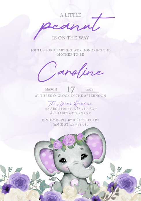 Purple Floral Elephant Baby Shower Invitation Template | PosterMyWall