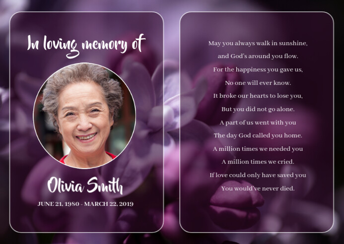 Purple Floral Funeral Prayer Card Template | PosterMyWall