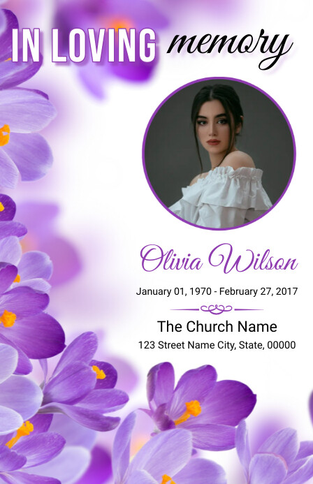 Purple Floral Funeral Program Half Page Wide | PosterMyWall