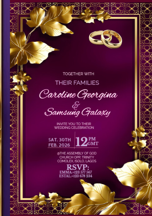 Purple Floral Gold And Purple Wedding Invitation A5 Templat | PosterMyWall