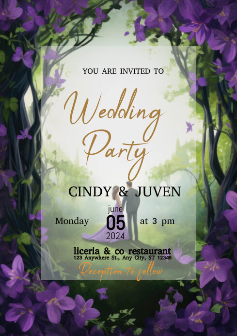 Purple Floral Magical Wedding Invitation A4 Templat | PosterMyWall