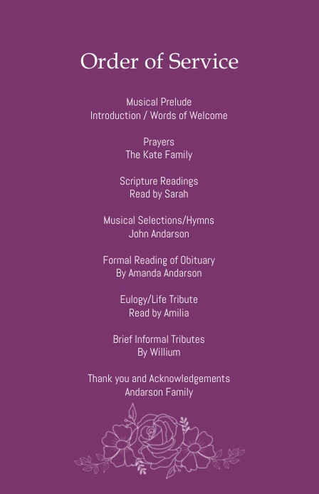 Purple Floral Order of Service template | PosterMyWall
