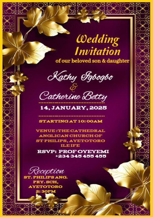 Purple Floral Purple And Gold Wedding Invitation Design A5 Template ...