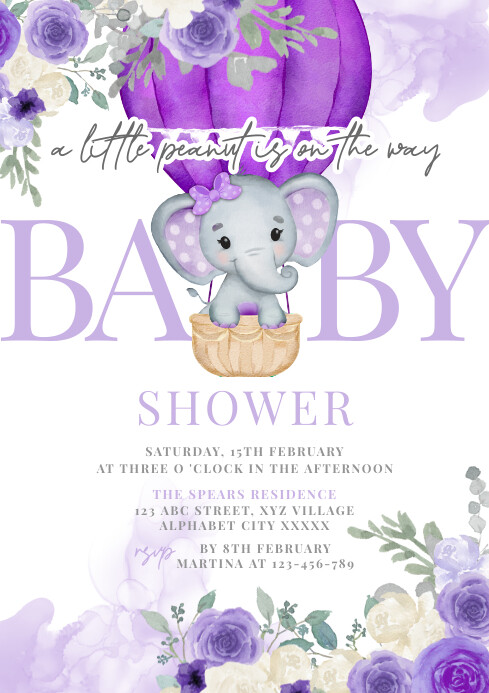 Purple Floral Purple Elephant Baby Shower Inv Template | PosterMyWall