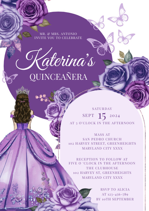 Purple Floral Quinceanera Invitation A4 Template | PosterMyWall